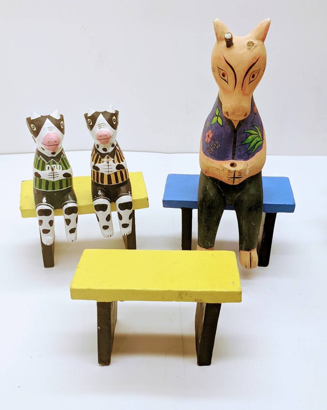 Vtg Handmade in Indonesia Hand Painted Wooden Benches, Mini Wooden ...