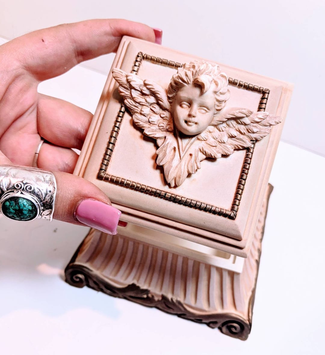 Cherub Jewelry Box, Neo Classical Angel Bust Pink & Gold Accent Jewelry ...