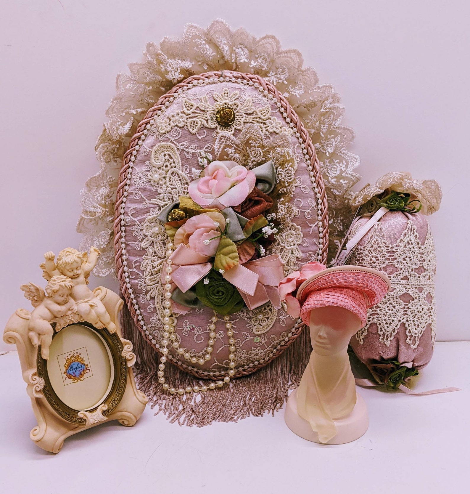 Victorian Vanity Decor 4 Pc Set Pink Lace and Pearl Plush Wall - Etsy