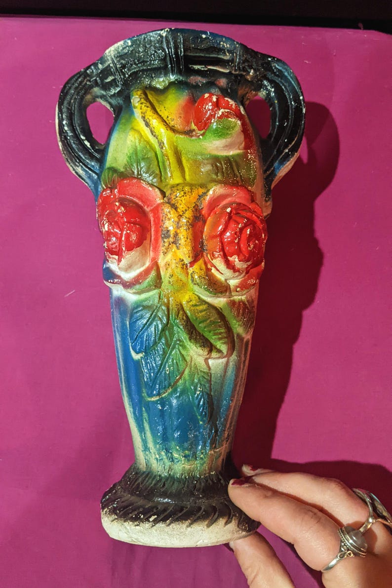 Vintage Large Chalkware Colorful Vase W Roses Mustard Yellow Bohemian ...