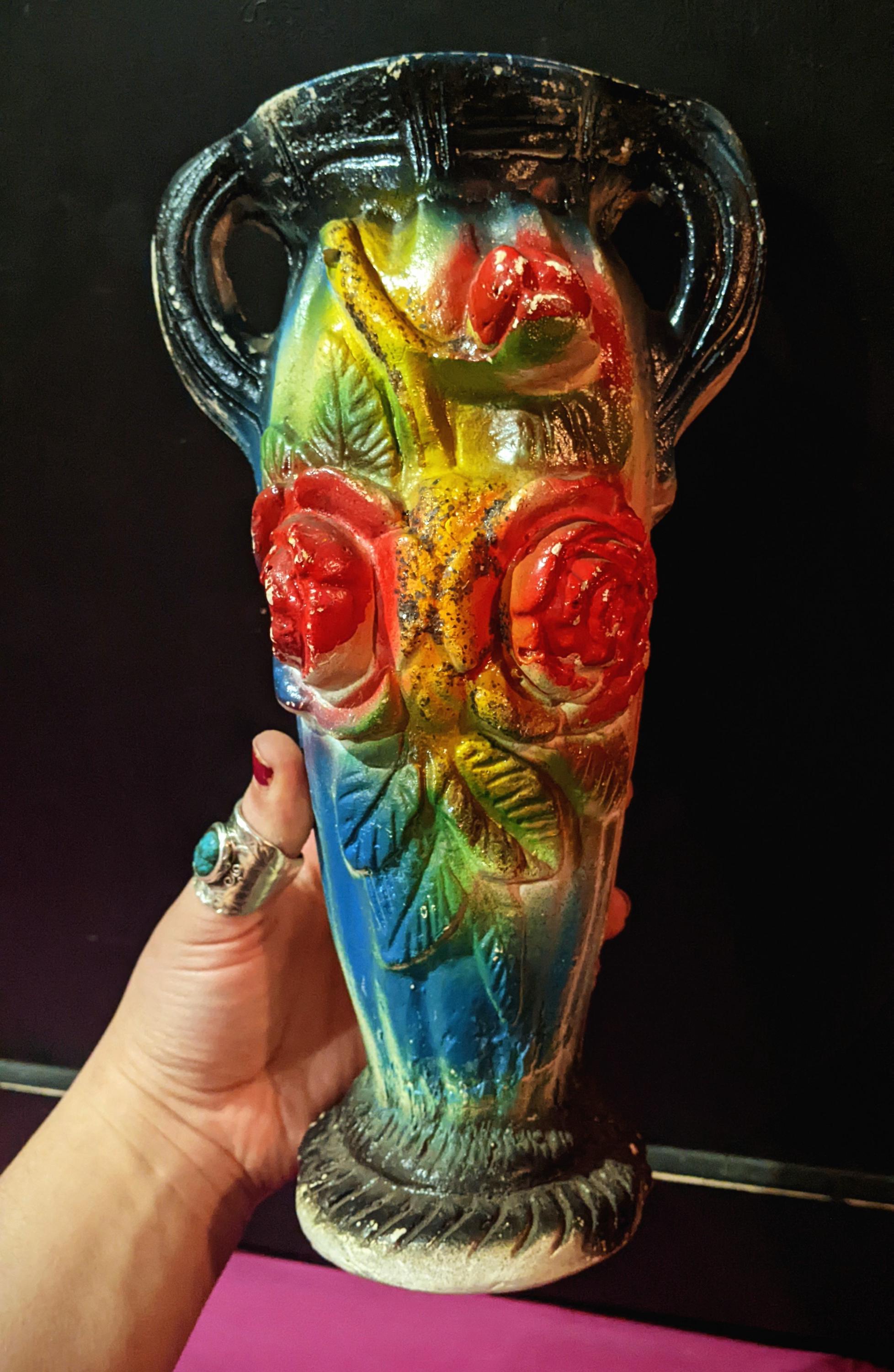 Vintage Large Chalkware Colorful Vase W Roses Mustard Yellow Bohemian ...