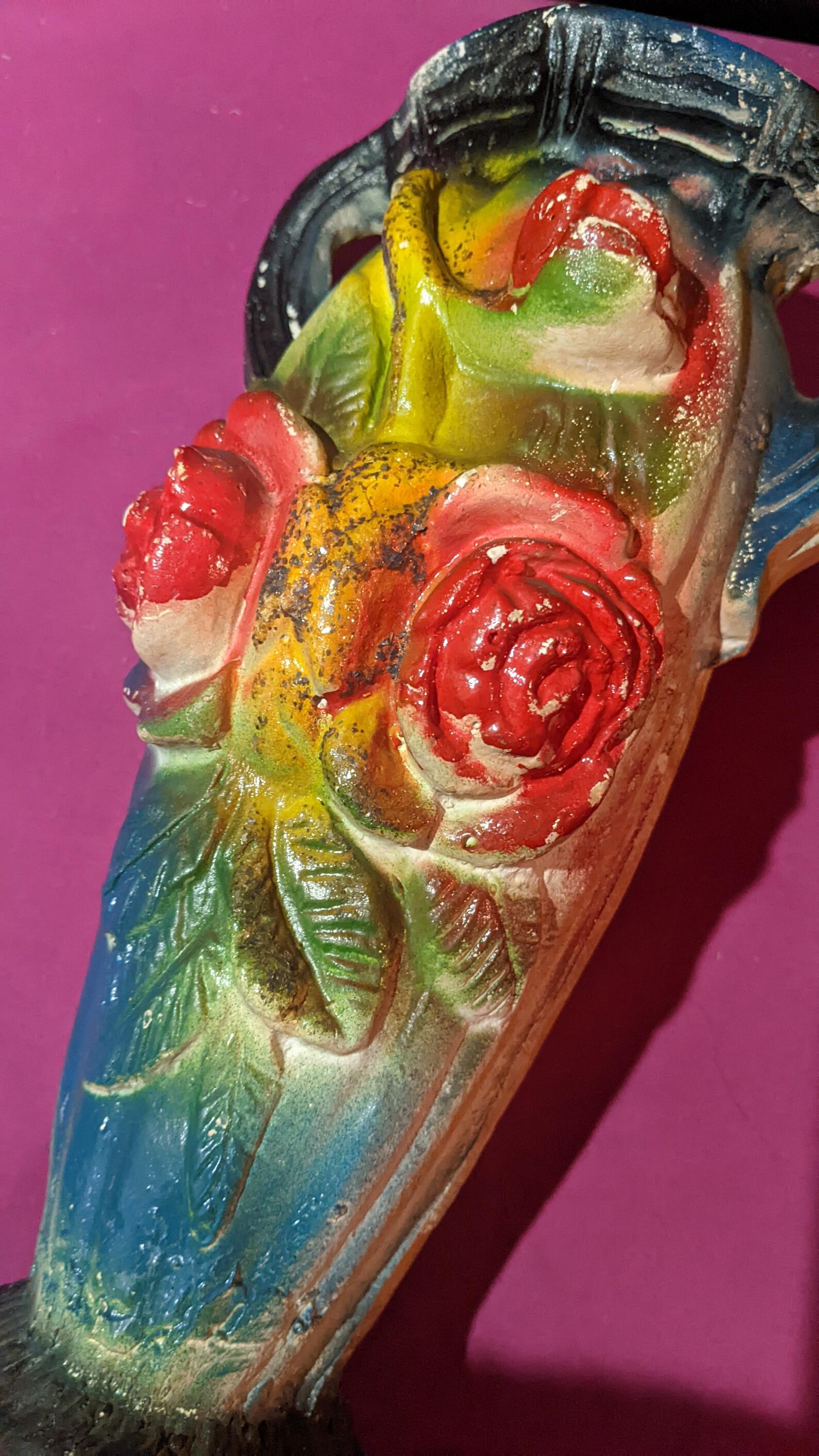 Vintage Large Chalkware Colorful Vase W Roses Mustard Yellow Bohemian ...