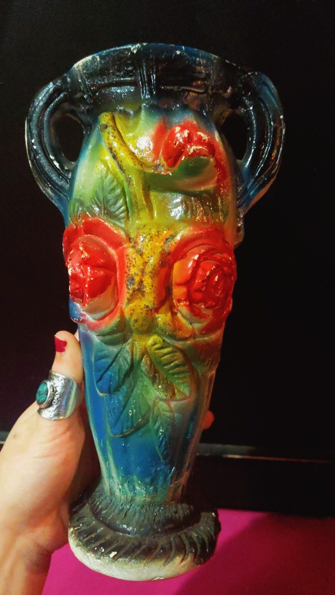 Vintage Large Chalkware Colorful Vase W Roses Mustard Yellow Bohemian ...