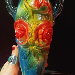 Vintage Large Chalkware Colorful Vase W Roses Mustard Yellow Bohemian ...