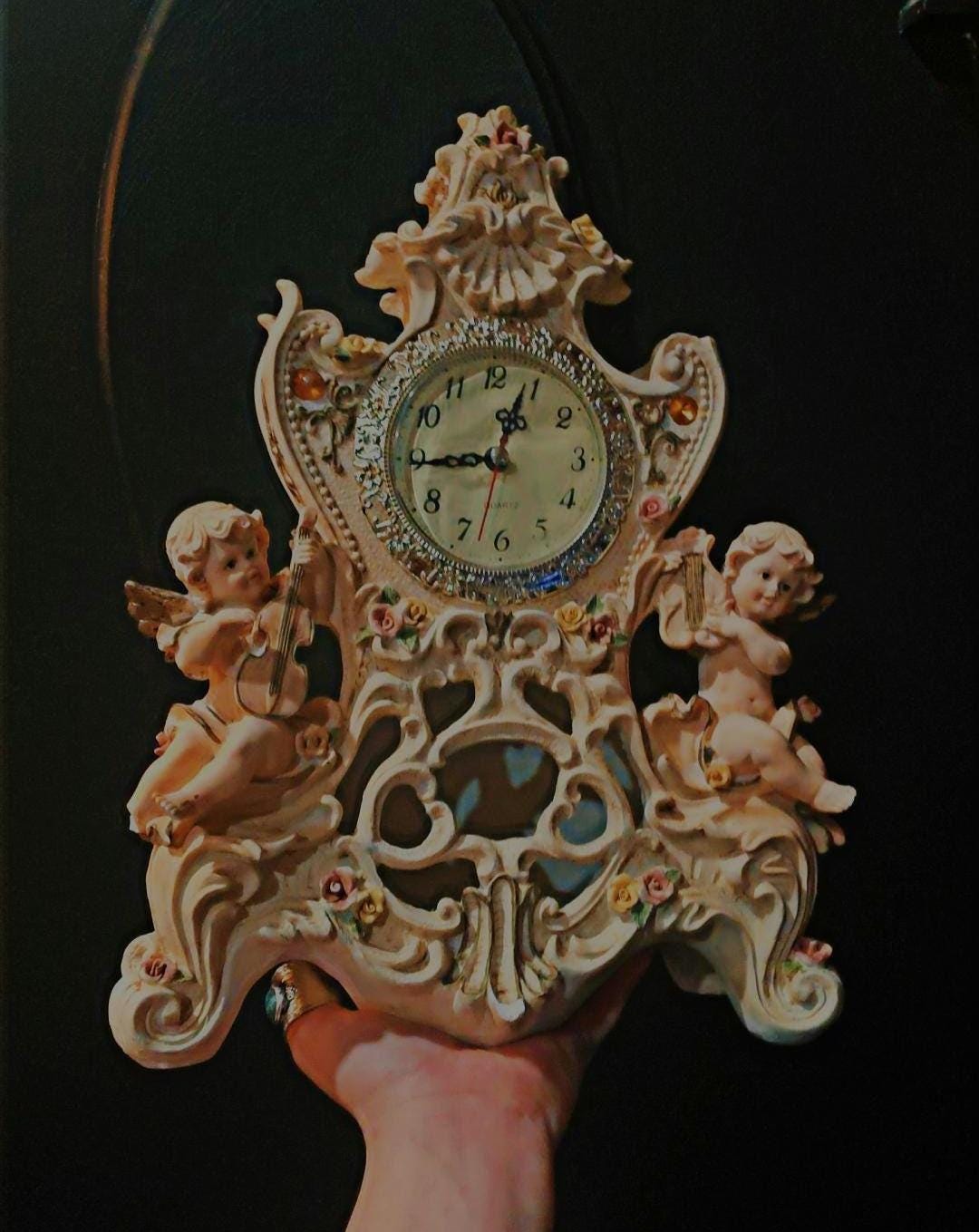 Vtg Ornate Cherub Vanity Clock, Neo Classical Angel Dusty Pink Accent ...