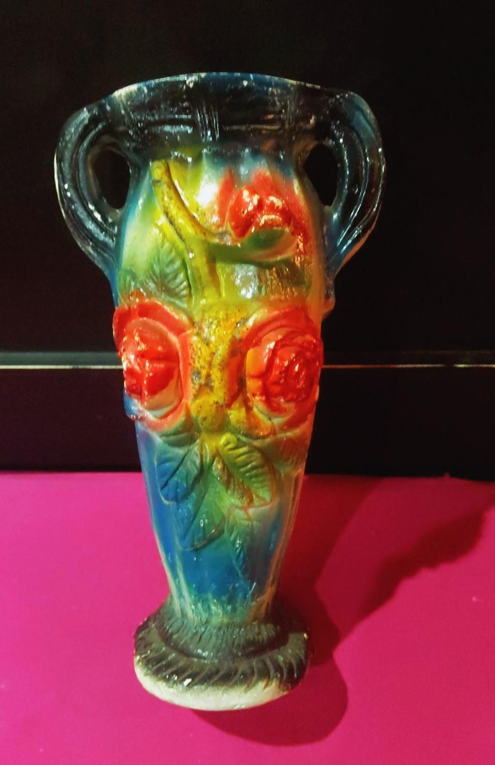 Vintage Large Chalkware Colorful Vase W Roses Mustard Yellow Bohemian ...