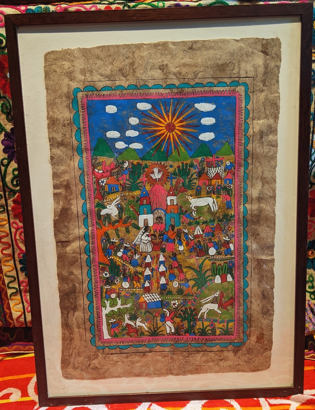 Traditional Mexican Folk Art Bark Painting Large Framed Mexican Wedding ...