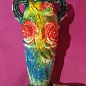 Vintage Large Chalkware Colorful Vase W Roses Mustard Yellow Bohemian ...