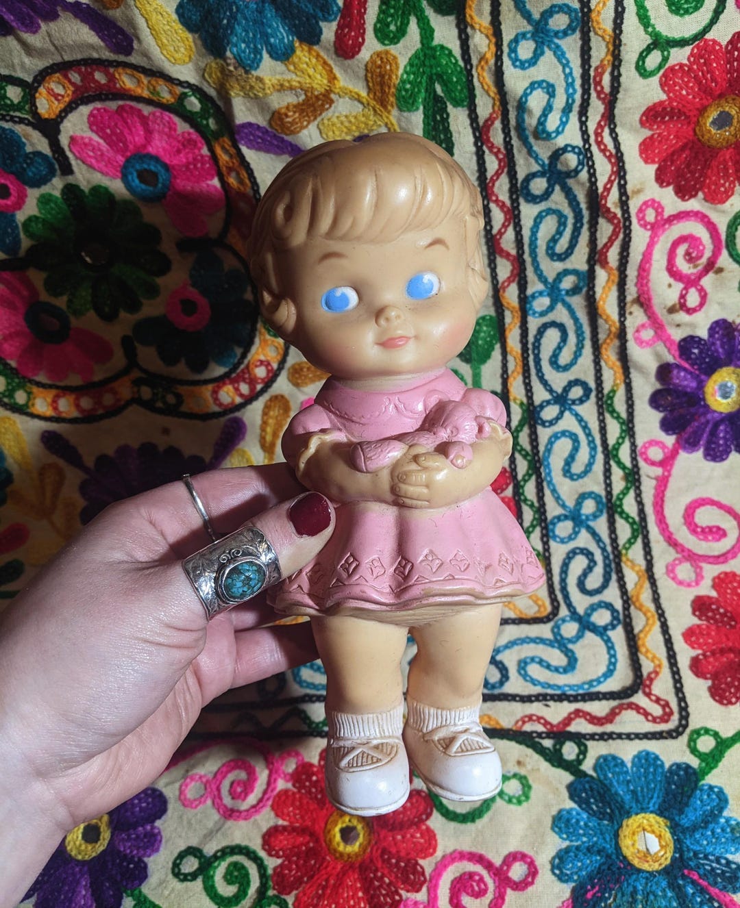 Vtg 1960s Edward Mobley Little Rubber Squeak Toy Girl in Pink Holding ...