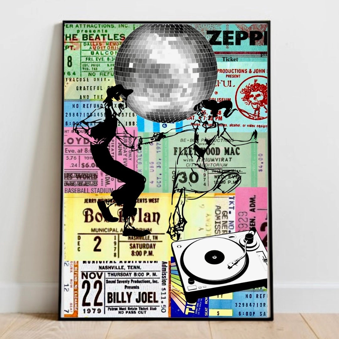 Music Lovers Print, Wall Art, Vinyl Record Player Musician Ticket Stubs ...