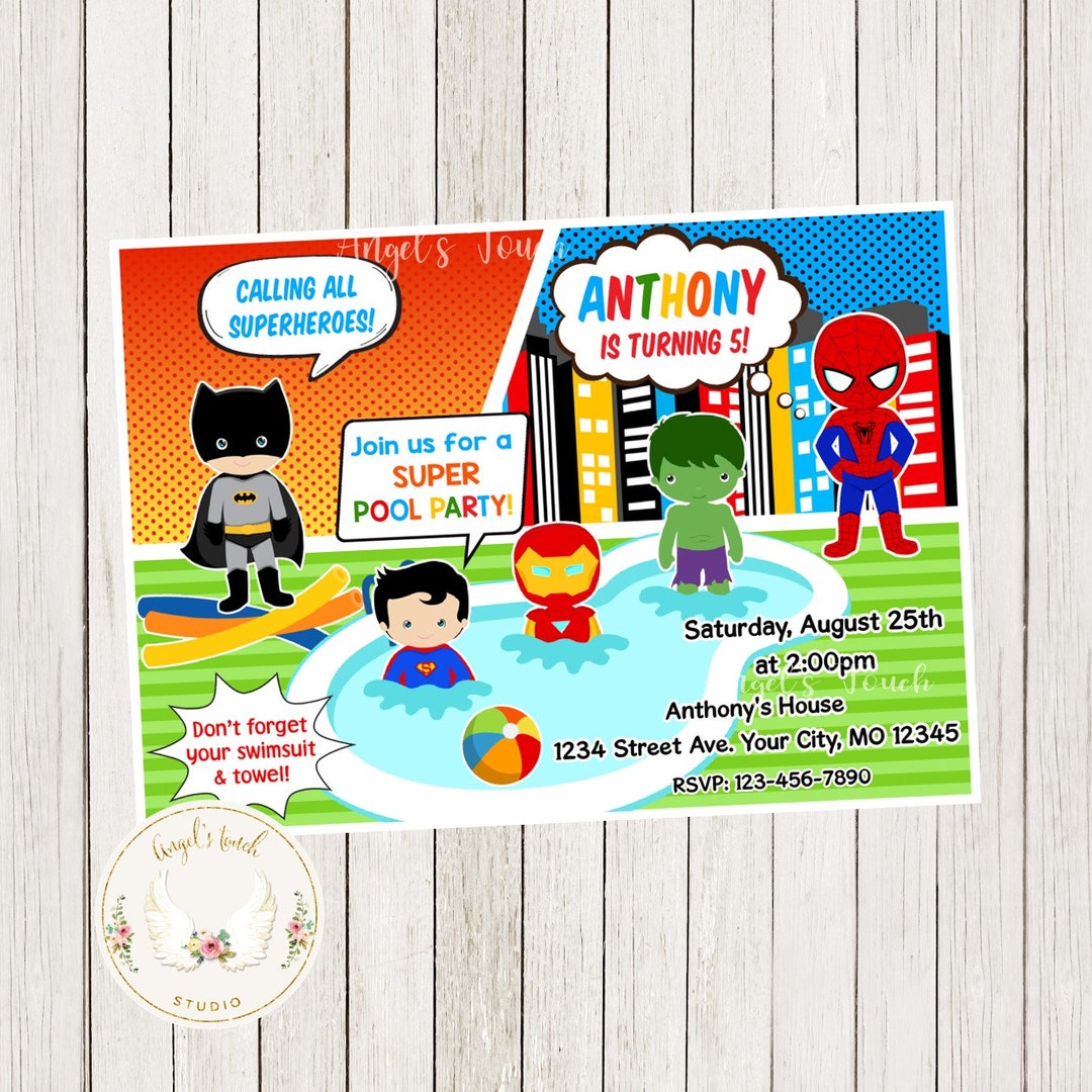 Superhero Boys Birthday Invitation, Superheroes Pool Party Invitation ...