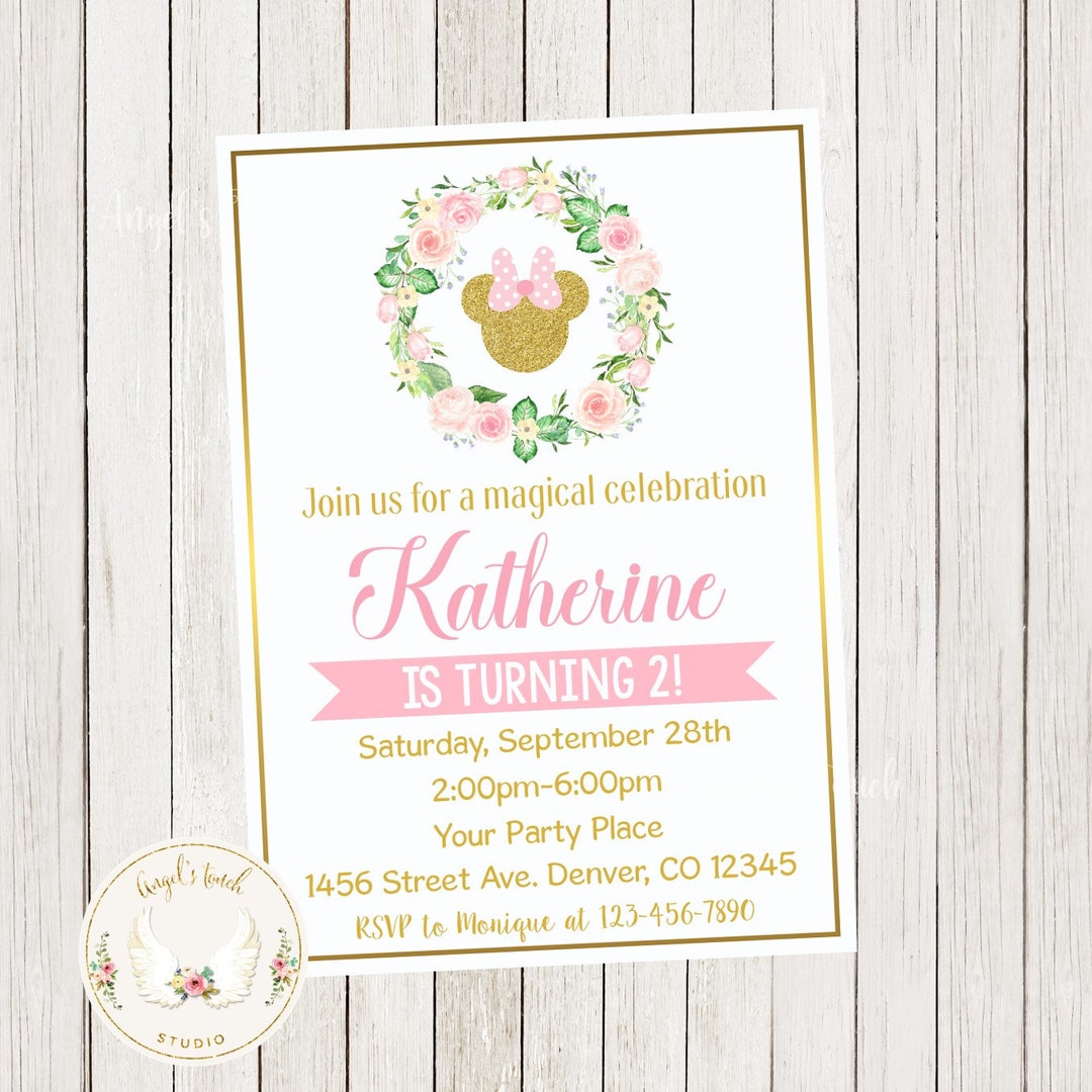Minnie Mouse Birthday Invitation, Minnie Mouse and Flowers Invitation ...