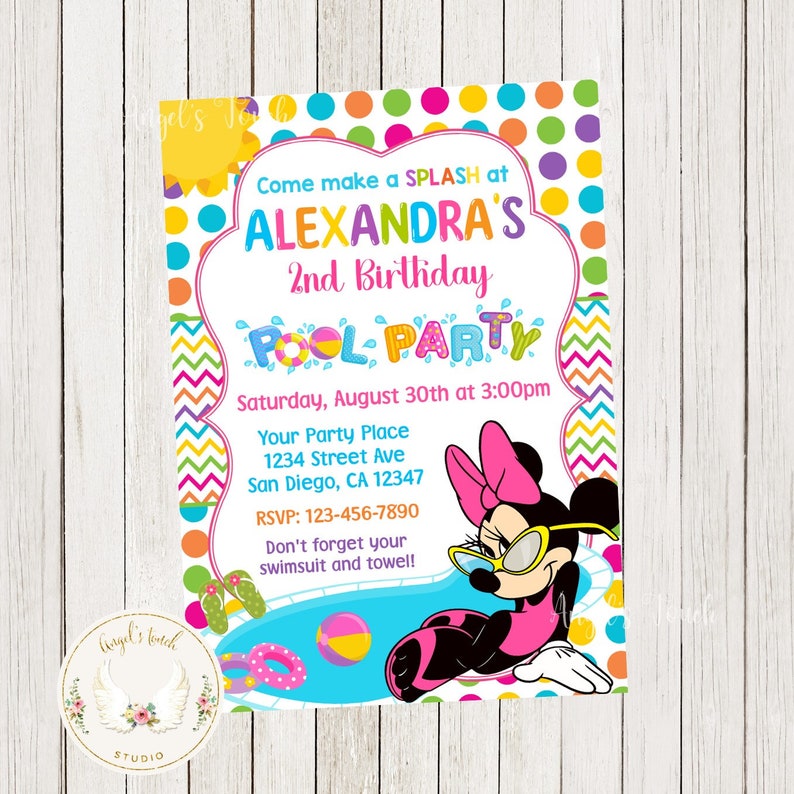 Minnie Mouse Pool Birthday Invitation, Minnie Pool Party Invitation ...