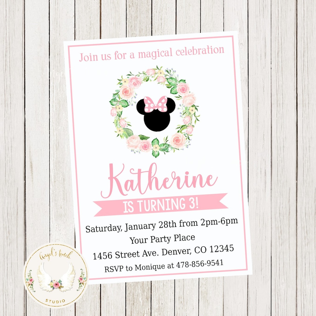 Minnie Mouse Birthday Invitation, Minnie Mouse and Flowers Invitation ...