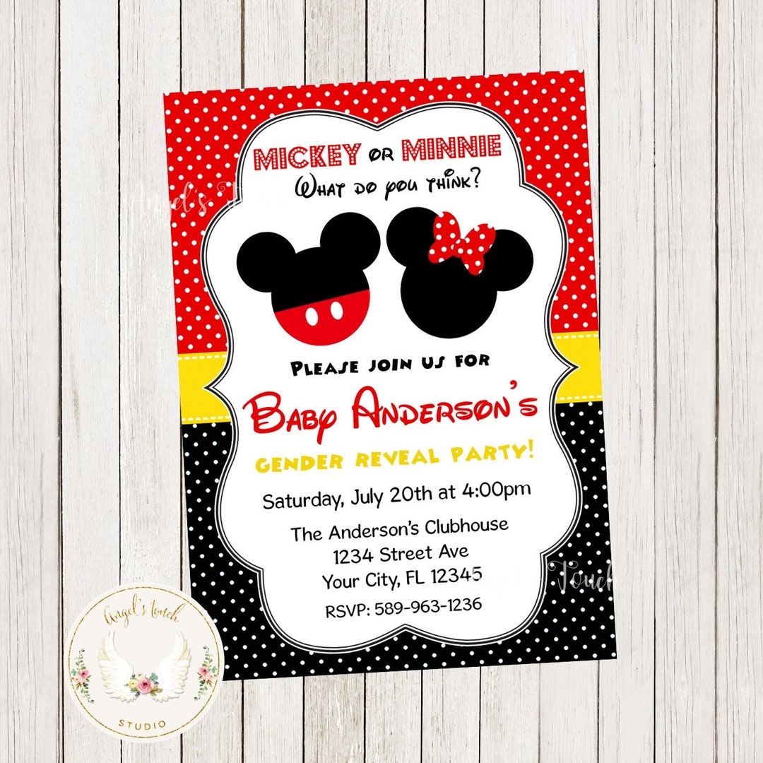 Mickey and Minnie Mouse Baby Gender Reveal Invitation, Mickey and ...