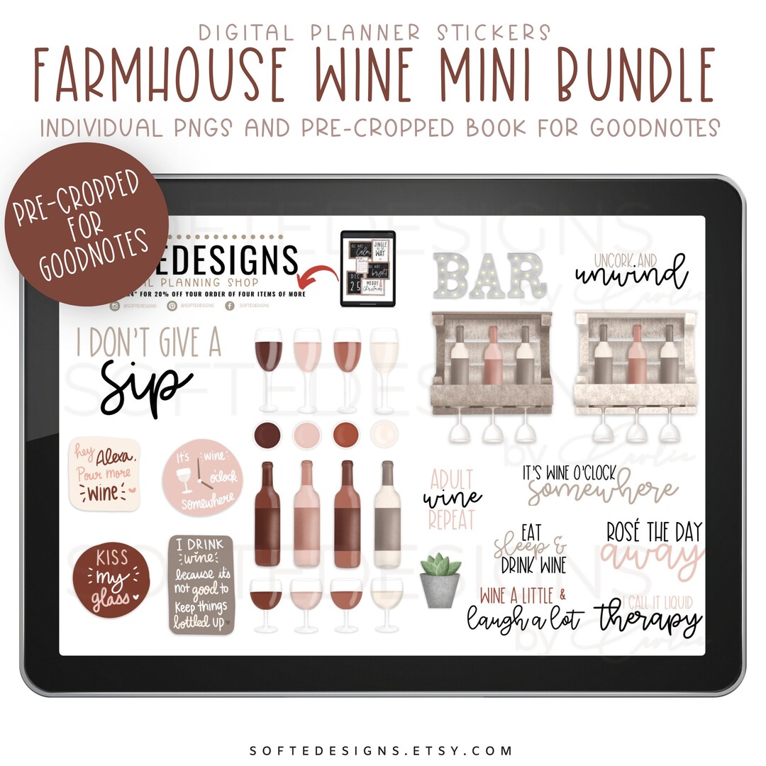 Farmhouse Wine Digital Planner Stickers, Drinking Stickers, Pre Cropped ...