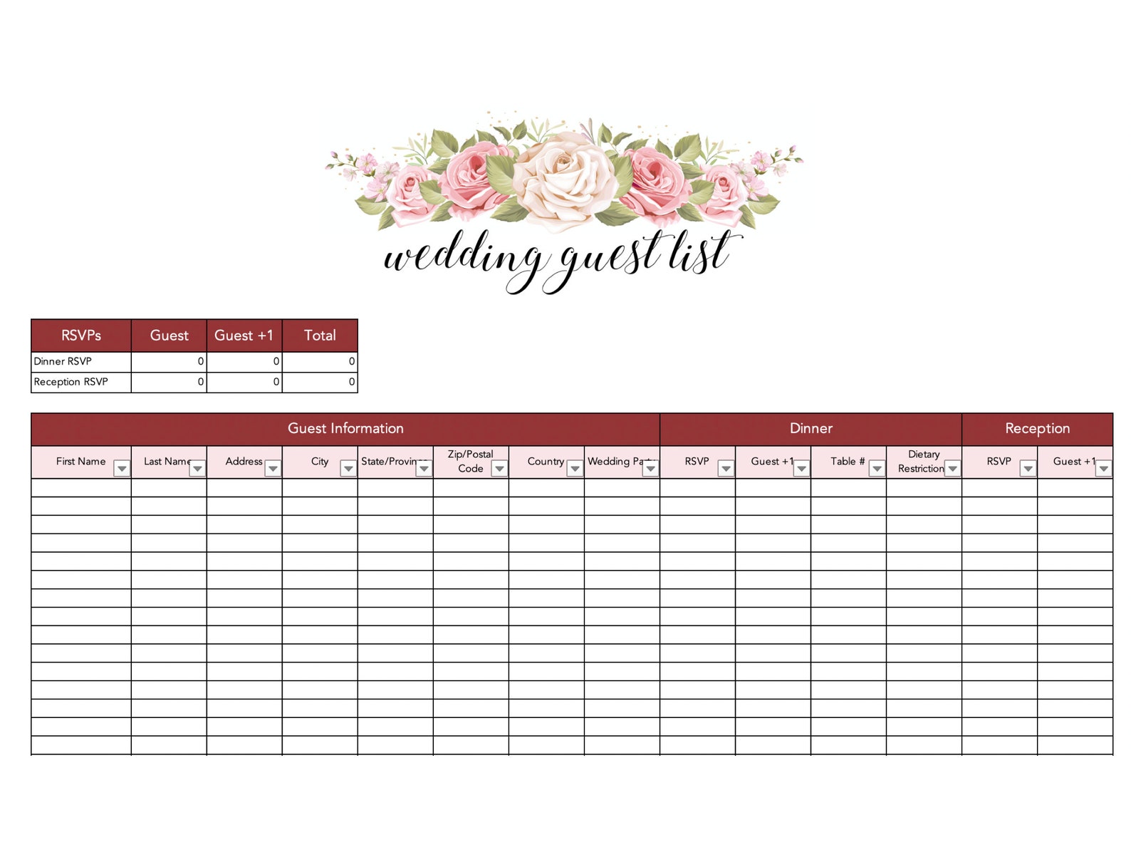 Plantilla de lista de invitados de boda floral / lista de - Etsy España