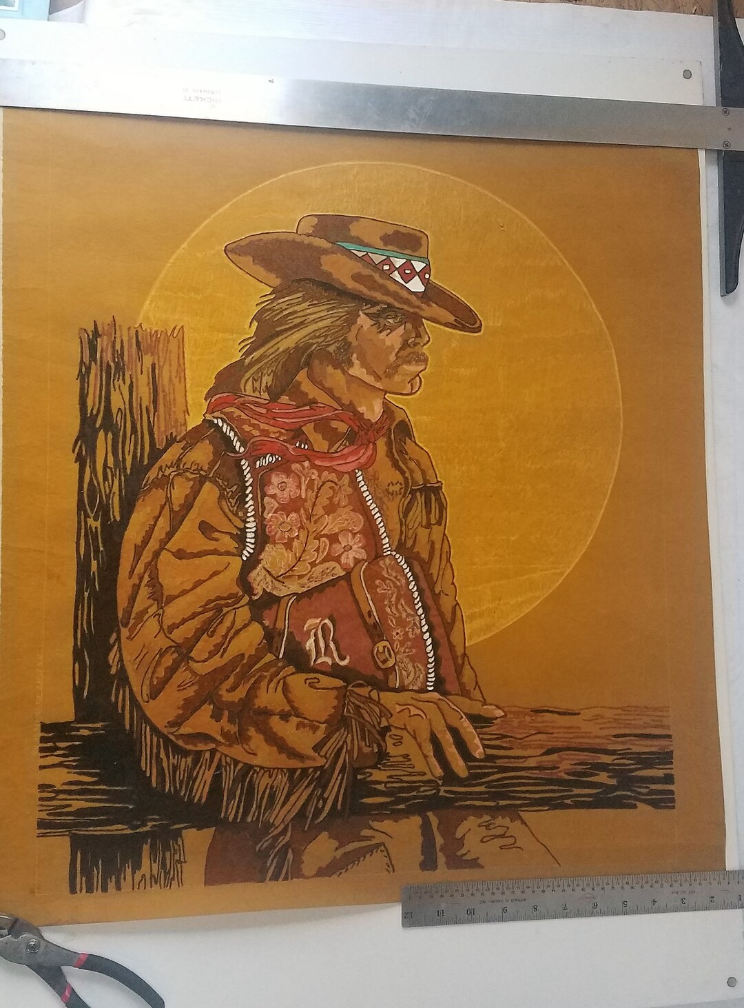 Cowboy Art, Groovy Signed Original Print Painting Artwork on Velour ...
