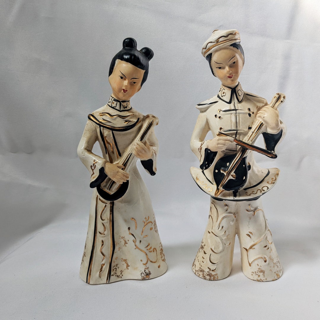 Mid 20th Century Ceramic Figurines Asian Man & Woman Mandolins ...