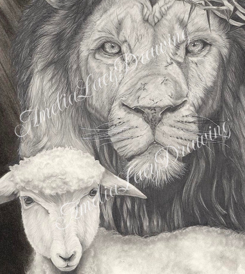 Original Lion and Lamb Pencil Drawing Print | Professional Digital ...