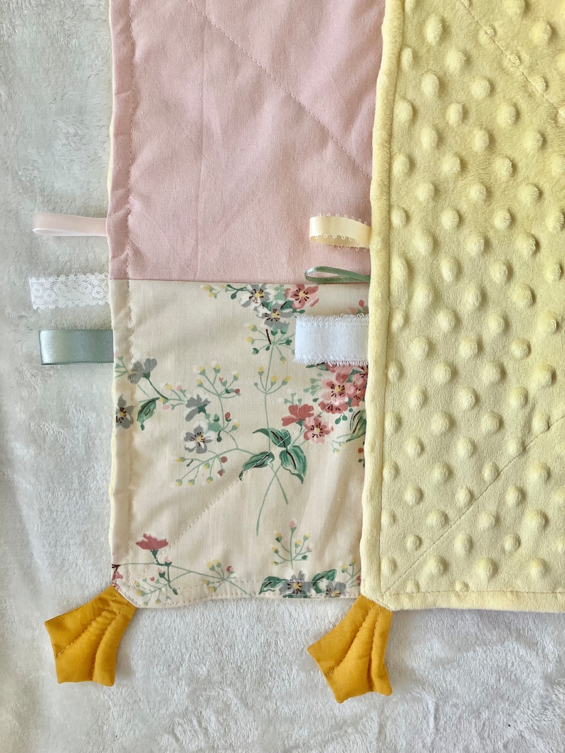Girl Baby Duck Sensory Lovey Blanket | Minky Quilted Ribbon Tab Sensory ...