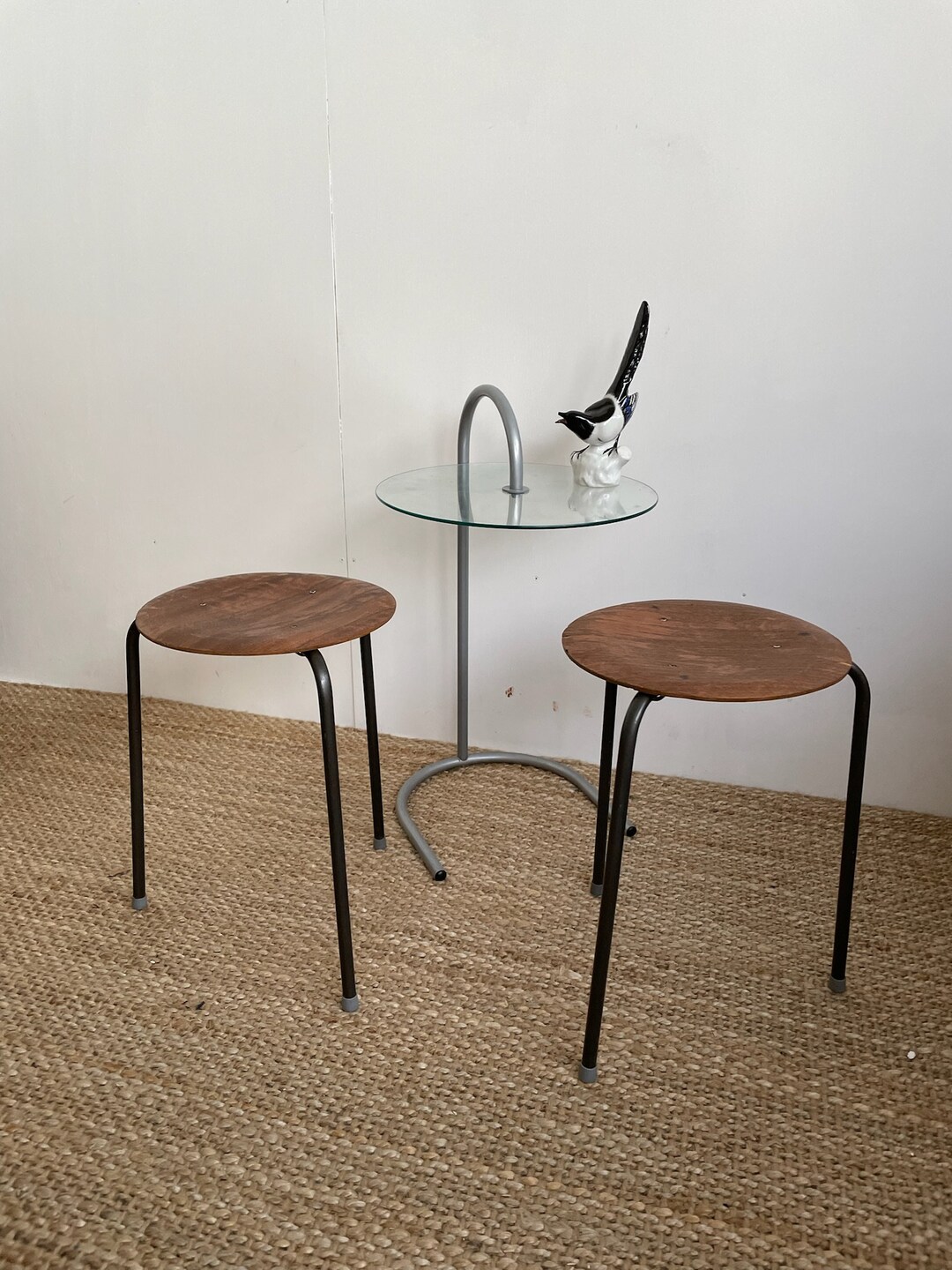 Pair of Mid Century Modern Small Dot Stools With Teak Veneer Tops and ...
