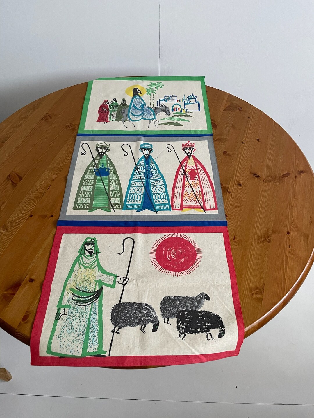 Scandi Mid Century Illustrated Nativity Christmas Table Runner, Cloth ...