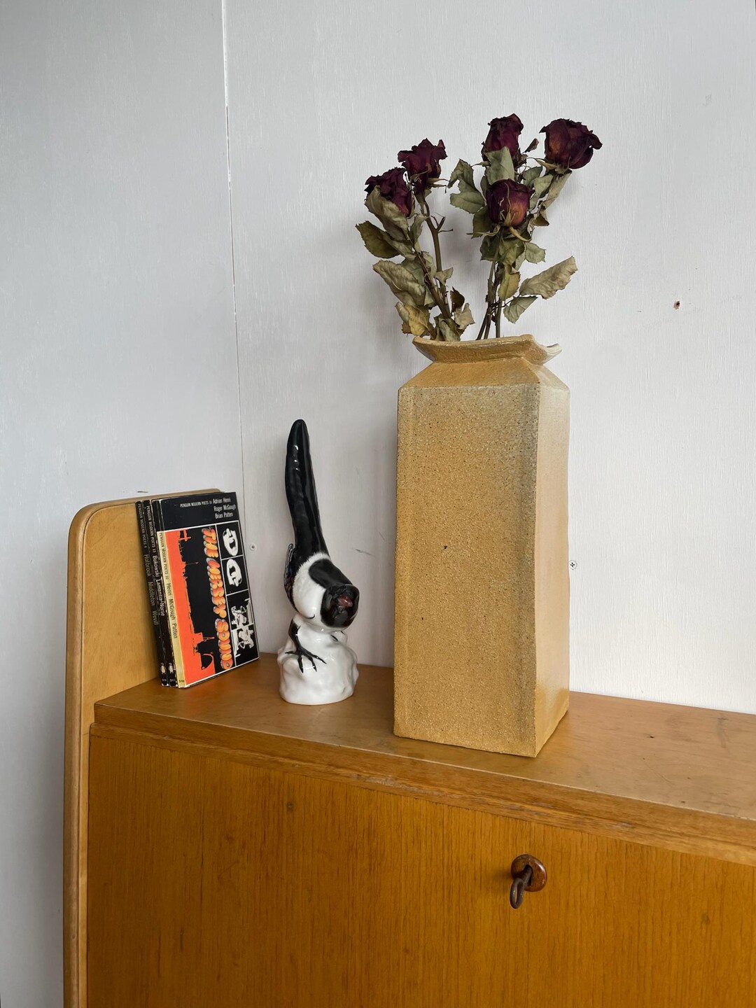 Large 1980s Slab Formed Angular Ceramic Vase With a Mottled Gold Yellow ...