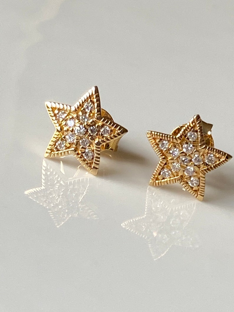 14kt Solid Gold and Genuine Diamond Star Earrings/ Standout Star Stud ...