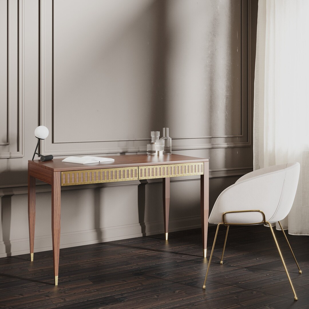 Walnut Office Desk With Two Solid Walnut Drawers and Brass, Mid Century ...