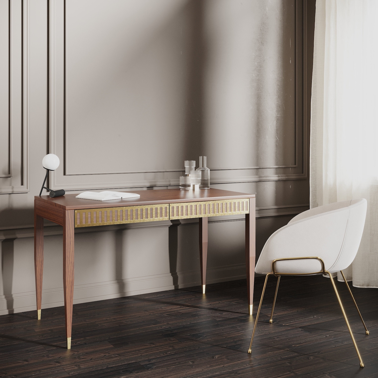 Walnut Office Desk With Two Solid Walnut Drawers and Brass | Etsy