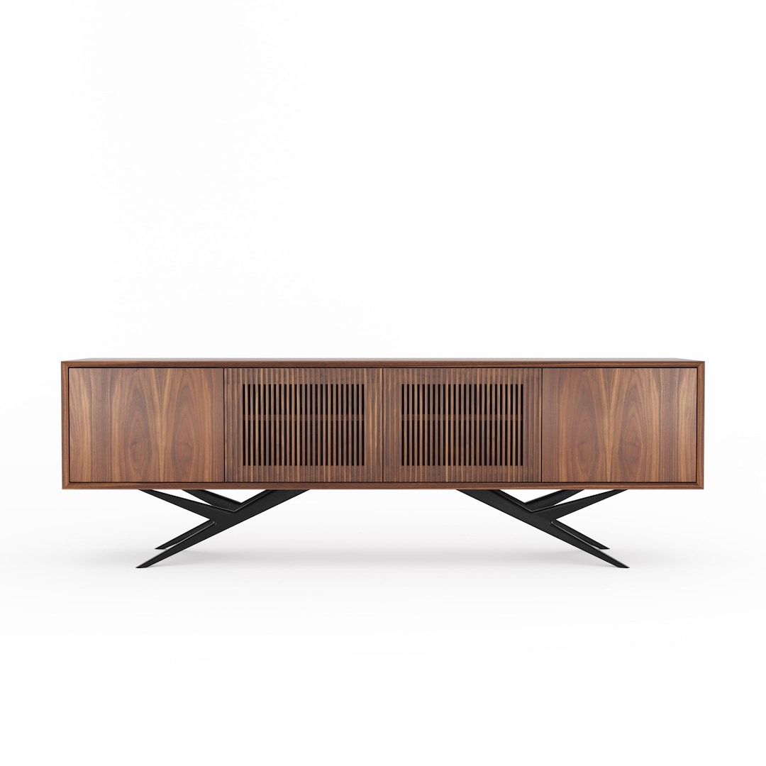 Walnut Long Sideboard TV Stand With Slatted Door – Mid Century Modern ...
