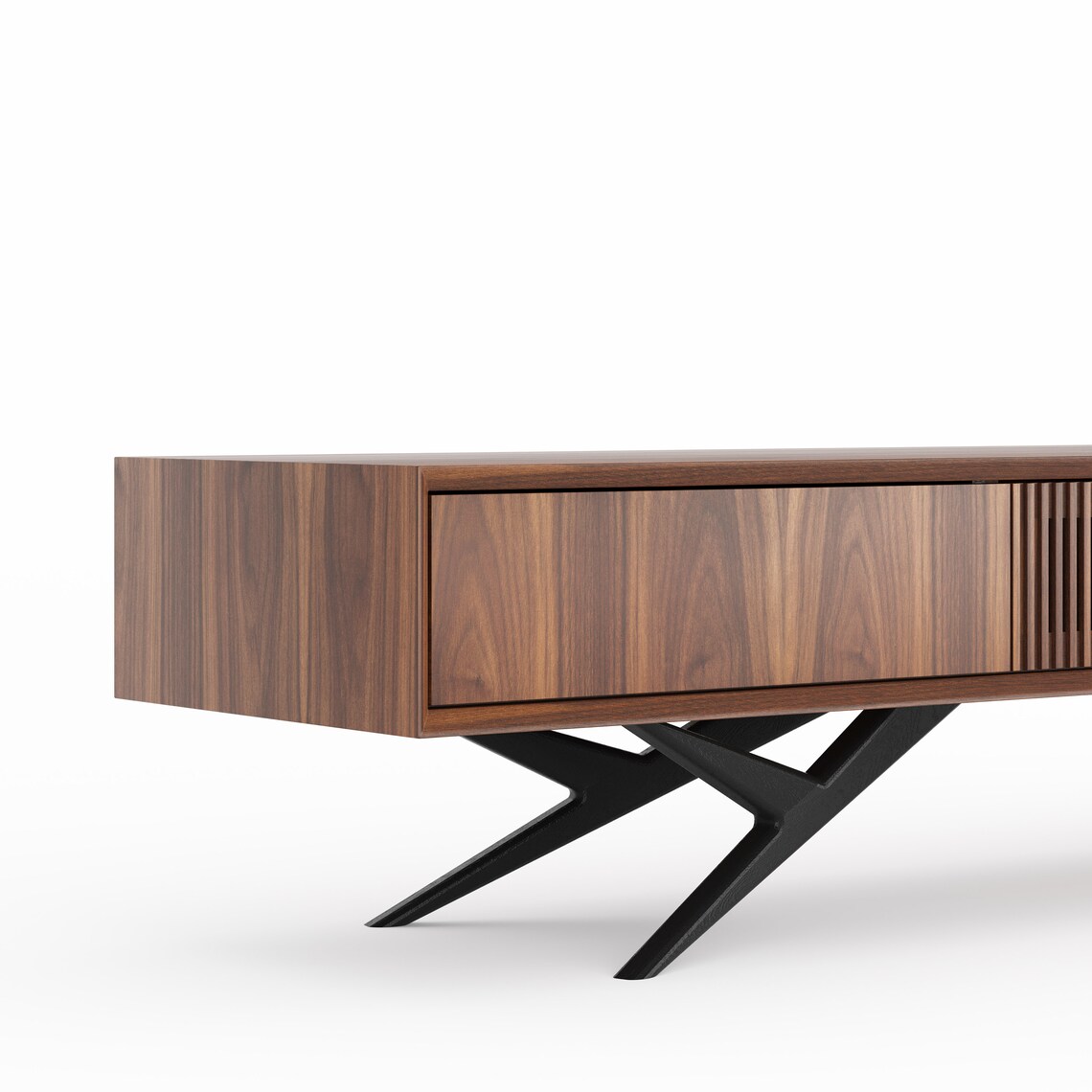 Walnut Mid Century Modern TV Stand, Slatted Door Lowboard - Etsy