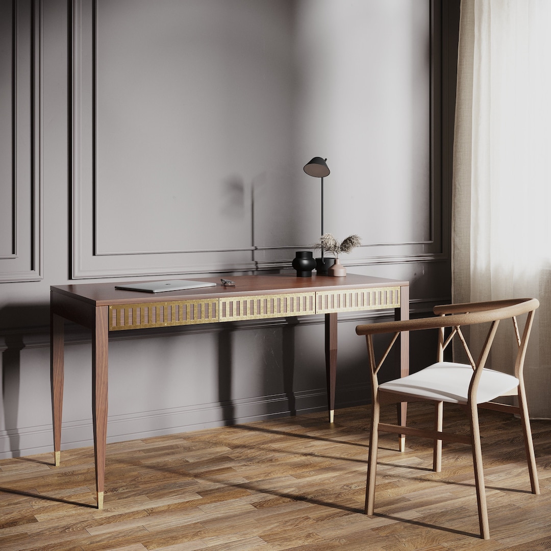 Mid-century Modern Walnut Writing Desk With Brass Detail - Etsy