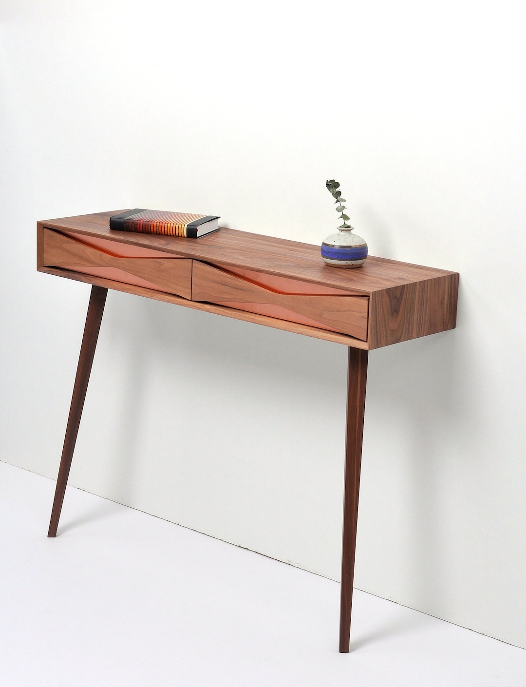 Console Hallway Table Walnut Wood, Entryway Table With Two Drawers, Mid ...