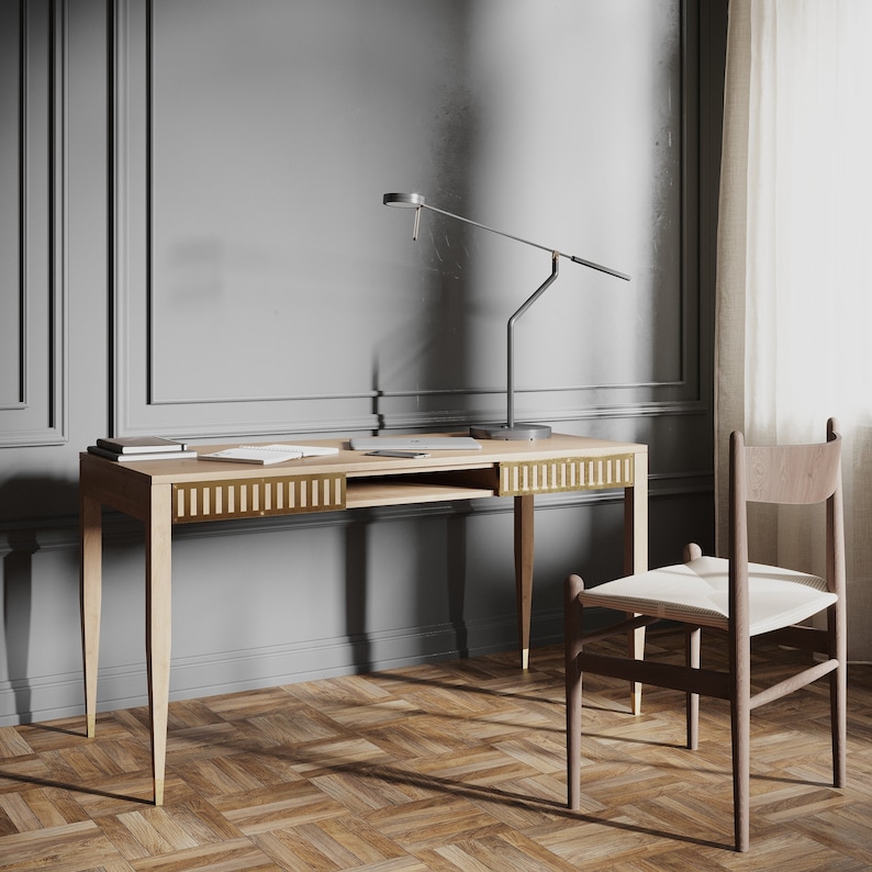 Oak Office Desk With Two Solid Oak Drawers Shelf and Brass - Etsy