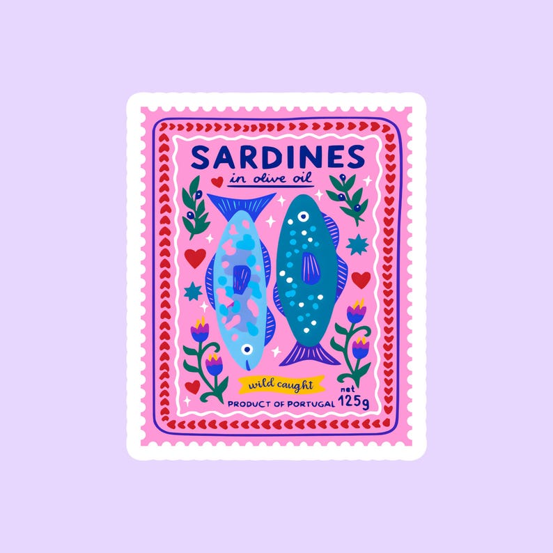 Kawaii Sardine Label Sticker • Cute Fish Can Decal • Vintage Food ...