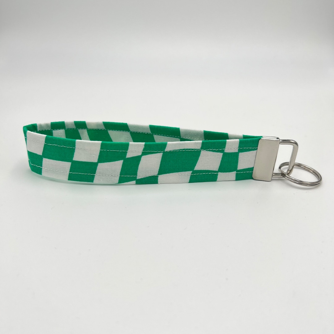 Green & White Wavy Checkered Keychain Wristlet, Key Fob Lanyard, Retro ...