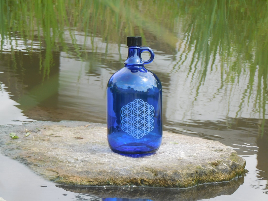 Blue Glass 2 Liter Handle Bottle With Flower of Life - Etsy