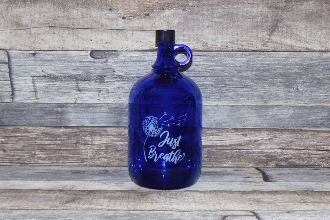 Blue Glass 2 Liter Handle Bottle With Dandelion - Just Breathe - Etsy