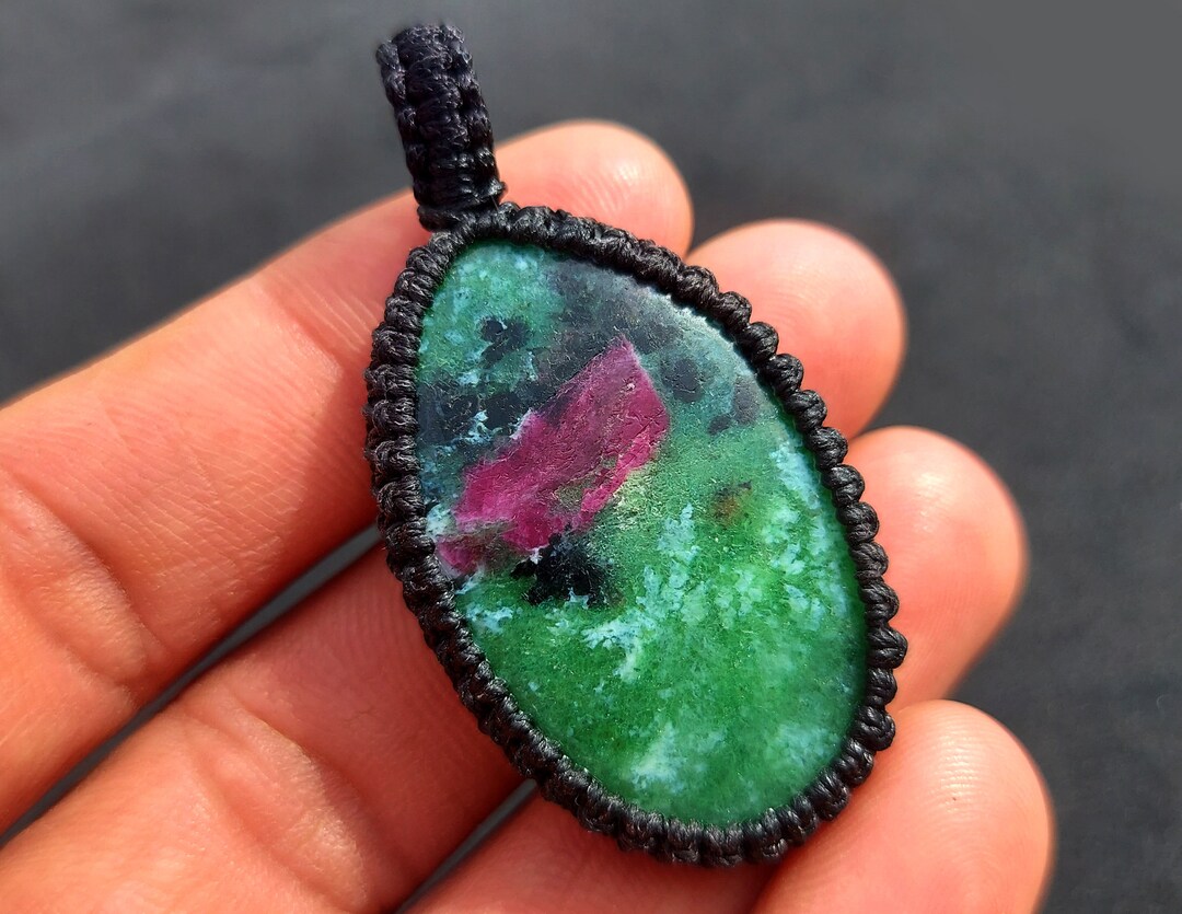 Ruby Zoisite Macrame Pendant, Natural Gemstone Macrame Jewelry, Ruby Zoisite Cabochon - Etsy
