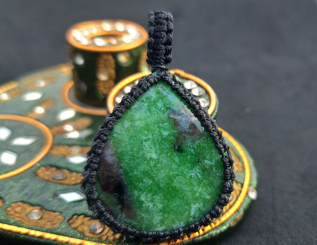 Ruby Zoisite Macrame Pendant, Natural Gemstone Macrame Jewelry, Green Pink Ruby Zoisite Macrame ...