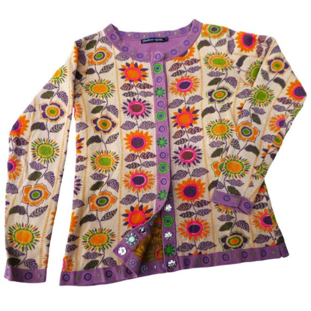 Gudrun Sjoden Sunflower Cardigan Sweater Cotton Large Snap Floral ...
