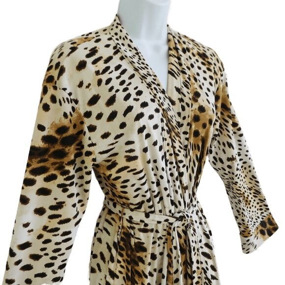 Natori Animal Leopard Robe Long Maxi Stretchy Knit Belt Tie Cream Brown ...