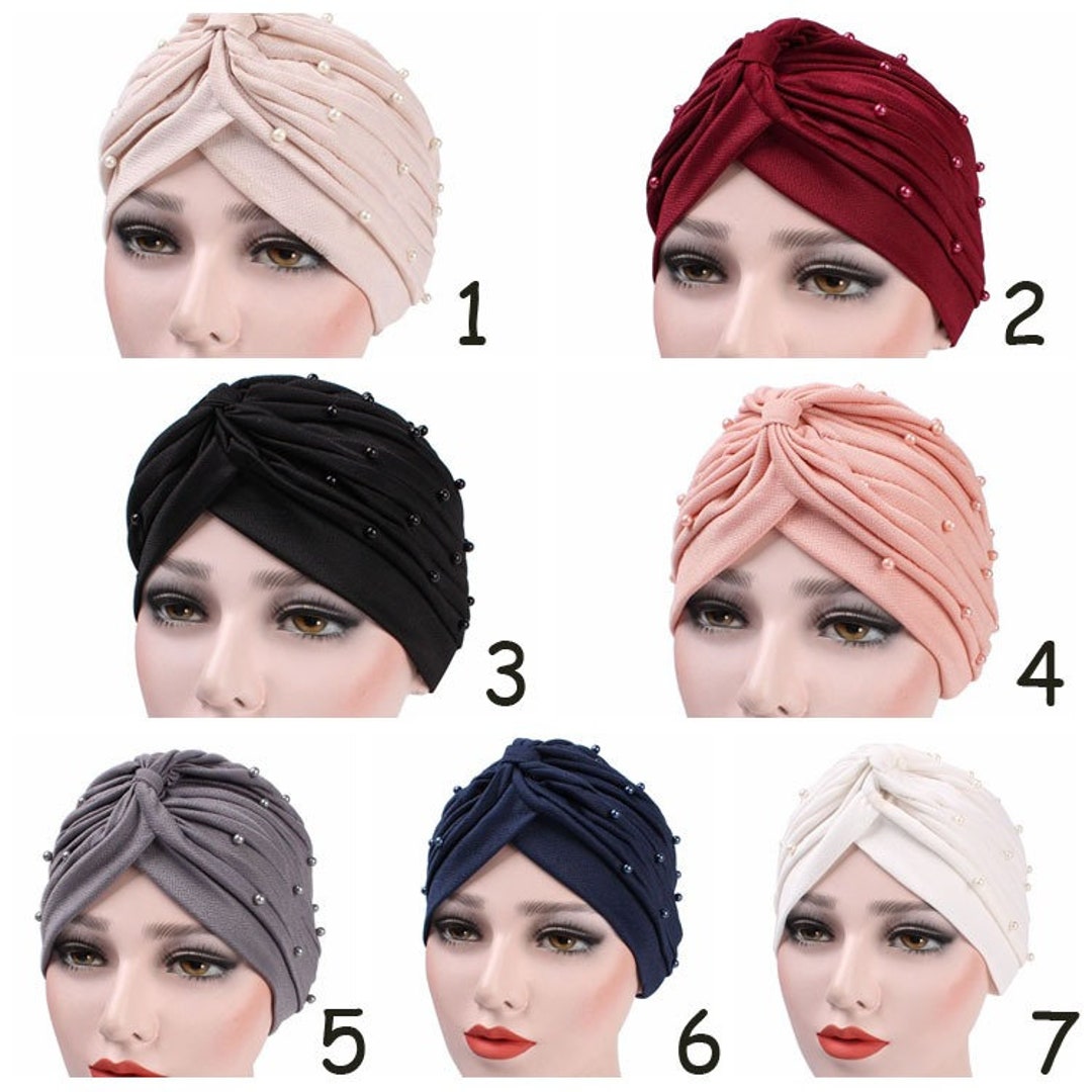 Beanie Turban Cap With Pearls, Women Cancer Hat, Chemo Hijab Hat ...