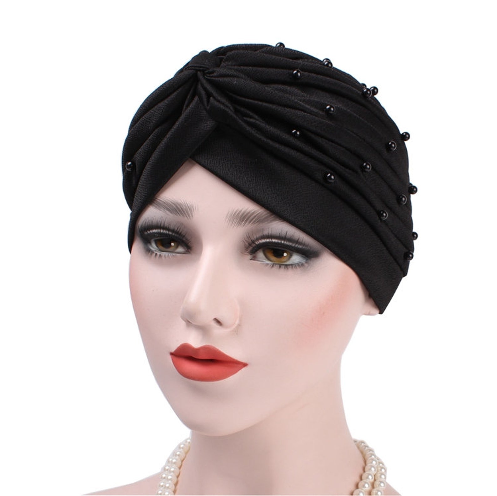 Beanie Turban Cap With Pearls, Women Cancer Hat, Chemo Hijab Hat ...