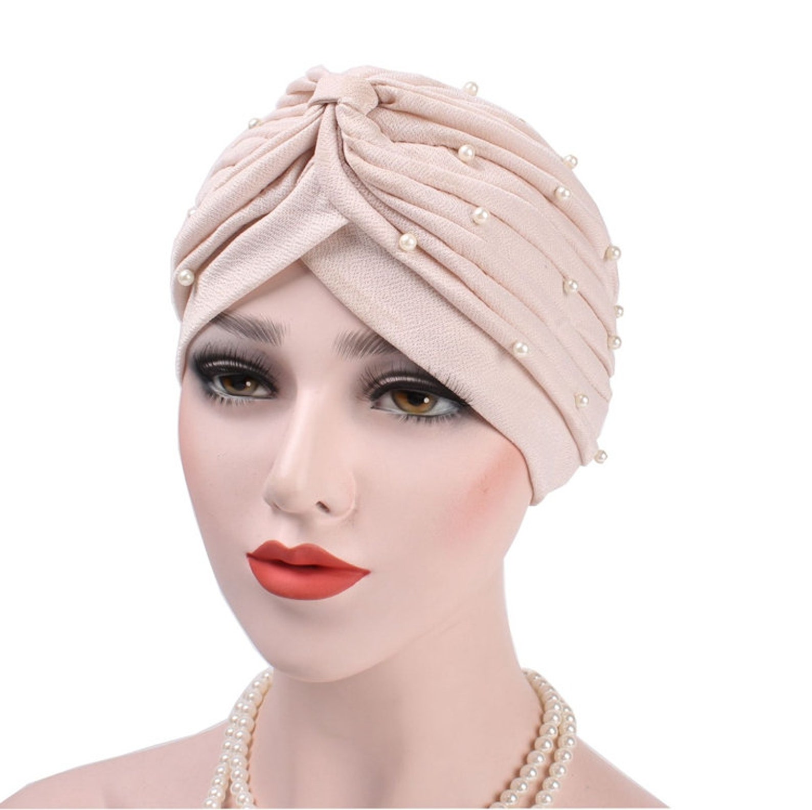Beanie Turban Cap With Pearls, Women Cancer Hat, Chemo Hijab Hat ...