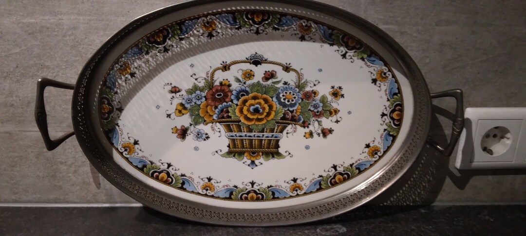 Large Polychrome Delft Blue Tray With Pewter Frame - Etsy