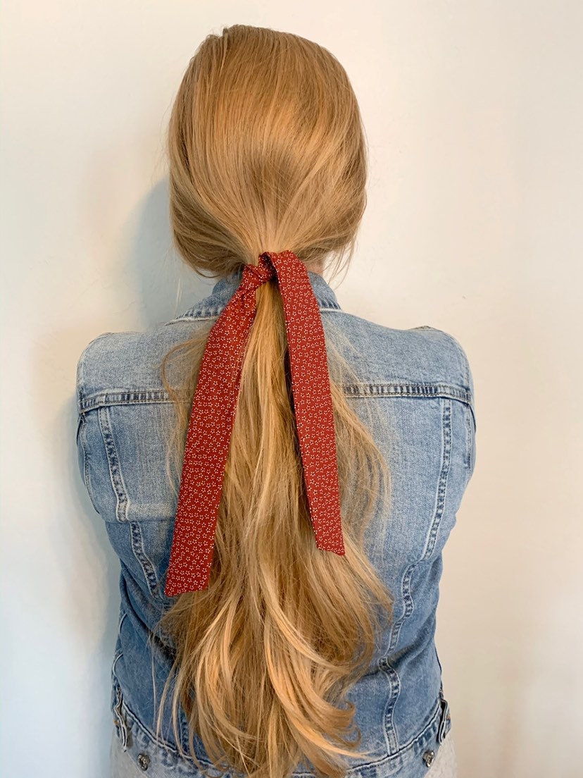 Skinny Floral Rust Colored Hair Scarf for Ponytail Hair Scarf with Scrunchie Trendy Boho Hairstyle
