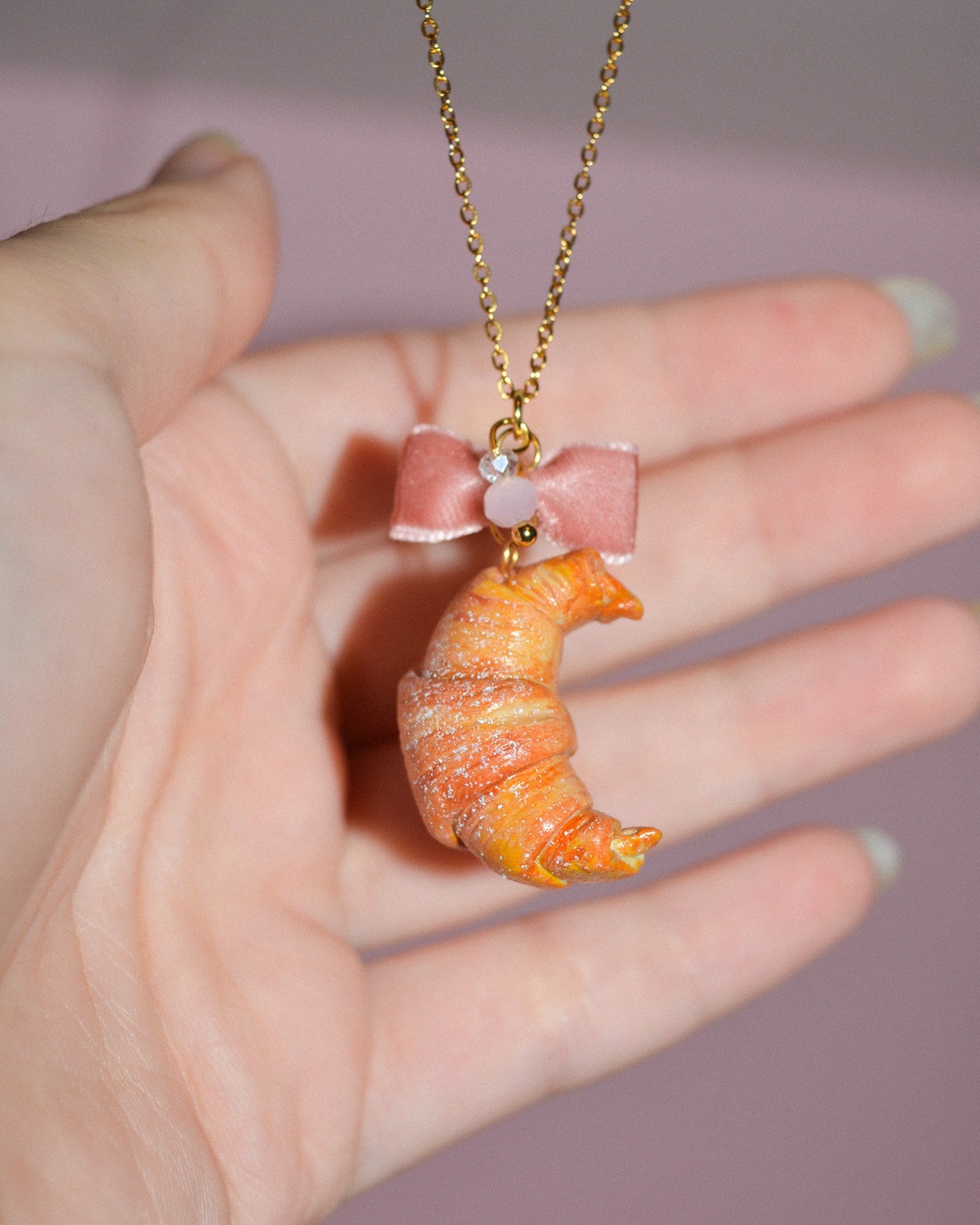 Butter Croissant Necklace, Handmade Clay Croissant Necklace With Steel ...
